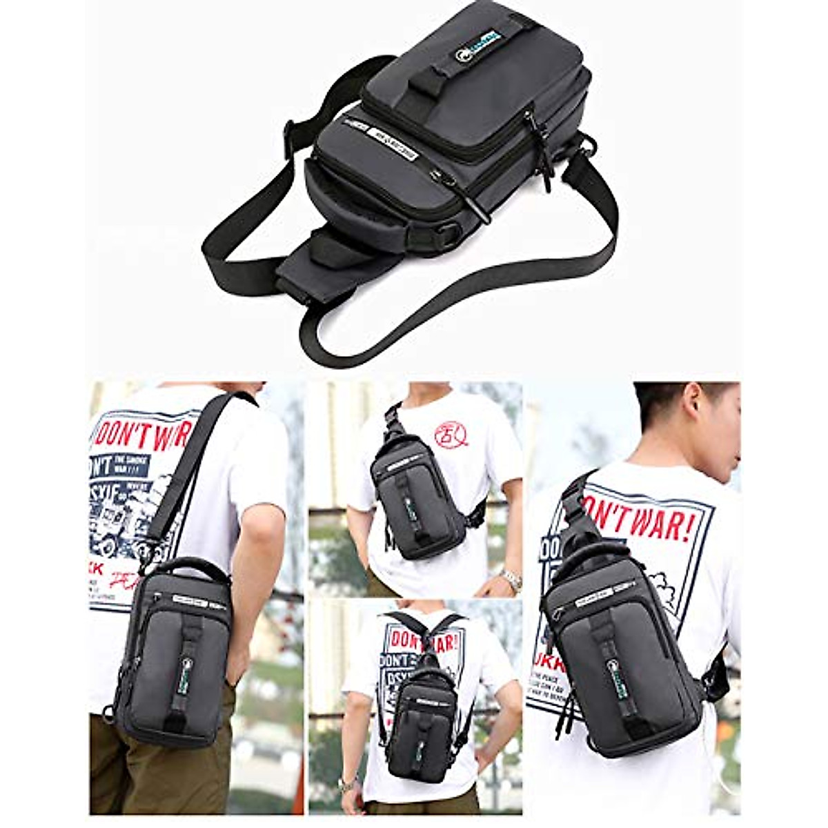 Shoulder Backpack Sling Chest Crossbody Bag Cover Pack Messenger Daypack Rucksack Bicycle Sport With USB Charging Port (Black)