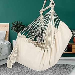 Y- STOP Hammock Chair Hanging Rope Swing, Max 500 Lbs, 2 Cushions Included, Large Macrame Hanging Chair with Pocket for Superior Comfort, with Hardware Kit, Beige