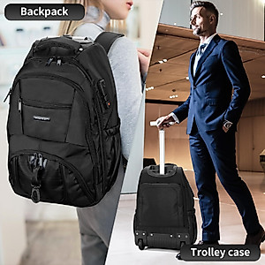 LemoHome Rolling Backpack,18 inch Water Resistant Wheeled Laptop Backpack,Carry on Luggage Business Bag,Trolley Suitcase for Men Women Adults to Travel (Black)