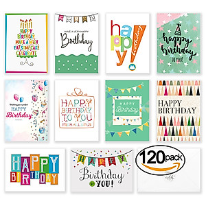 120 Happy Birthday Cards with Short Generic Message Inside , Assorted Greeting Notes Bulk with Envelopes and Stickers, 10 Unique Designs, 4x6 Inch, Thick Cardstock, Sturdy Box for Business and Personal
