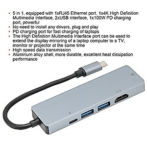 USB C Hub, 5 in 1 High Speed Data Transmission USB C Dongle, USB C to HDMI Multiport Adapter ,HD Multimedia Interface Ethernet Adapter for Windows XP/Vista/OS/ 10