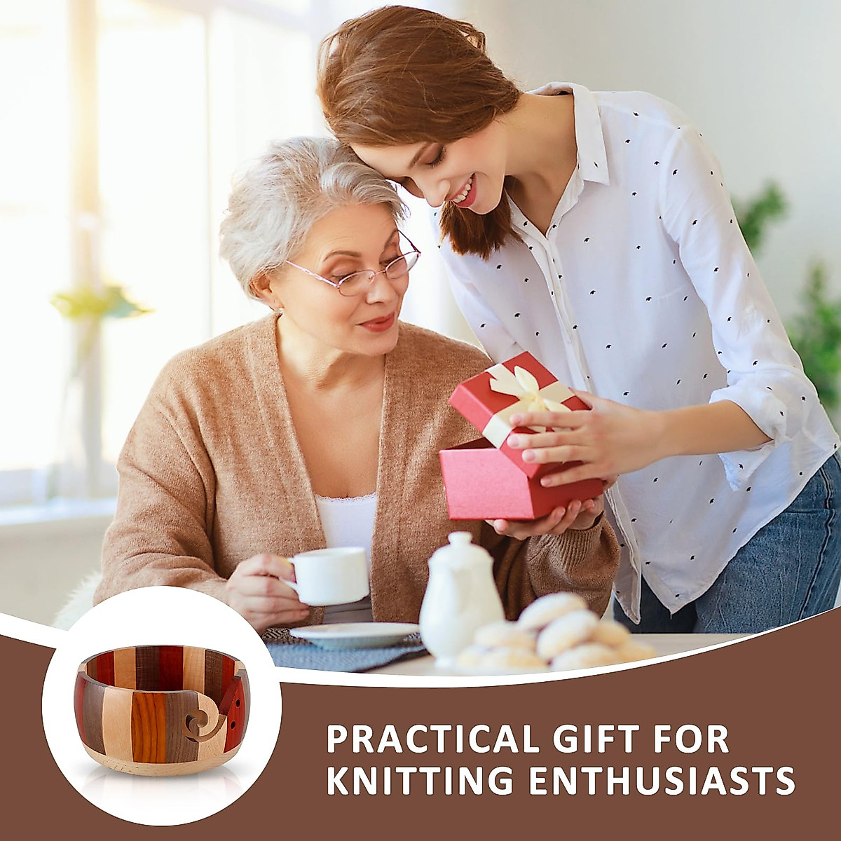 Wooden Yarn Bowl, 7x7x3in Knitting Yarn Bowl, Round Yarn Holder for Crocheting, Large Crochet Bowl Holder with Carved Holes, Weaving Thread Bowl, Yarn Basket Yarn Storage Bowl for DIY Handmade Crafts