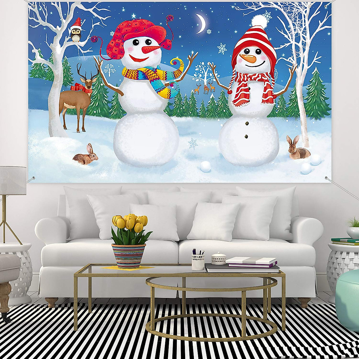 Blulu Christmas Backdrop Banner Winter Snowman Background for Photography Xmas Snow Scene Happy New Year Eve Backdrop Banner Prop for Family Friend Party Wall Holiday Decoration 72.8 x 43.3 Inches