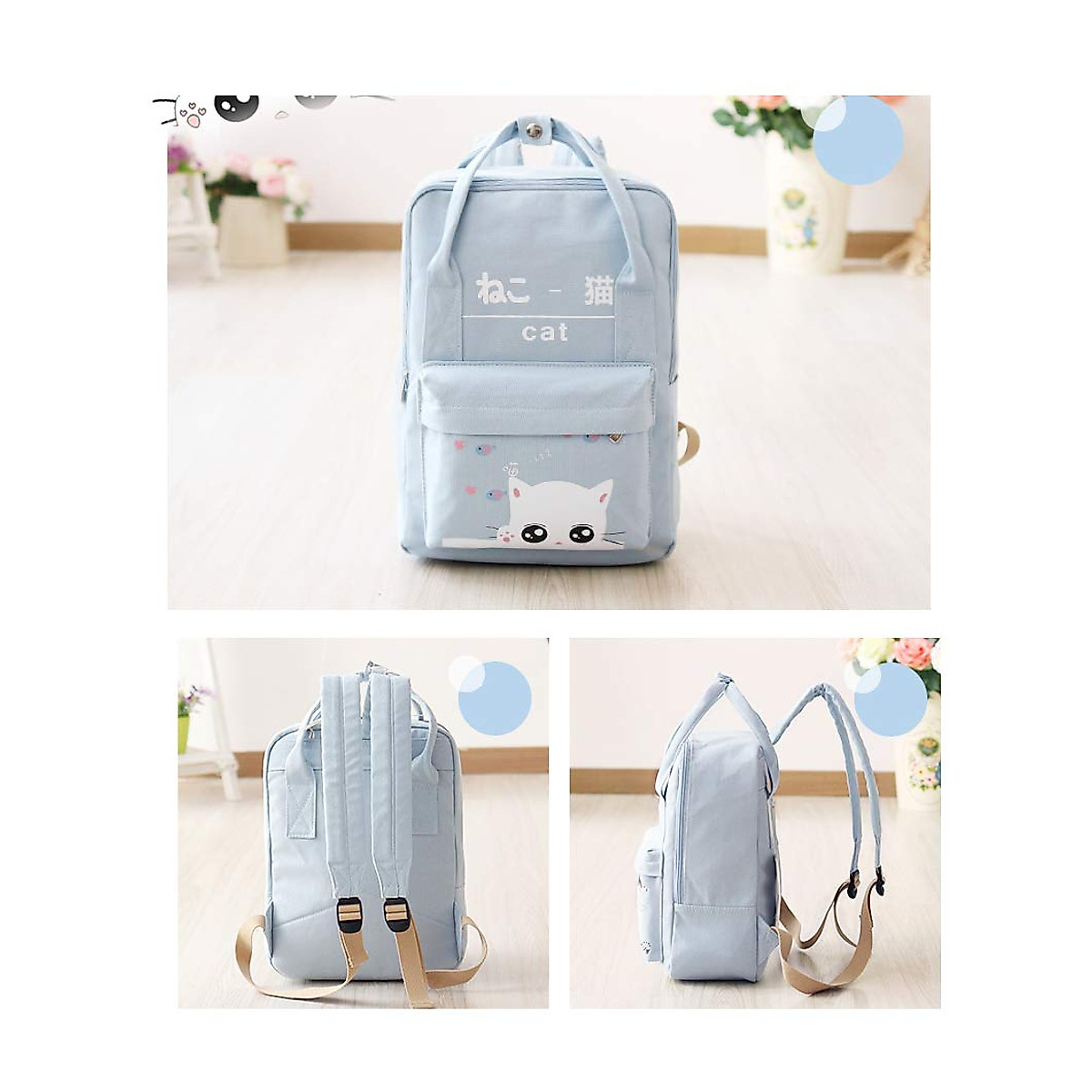 Women Girls Japanese And Korean Style Bags Cute Cat Canvas School Backpack (Blue)