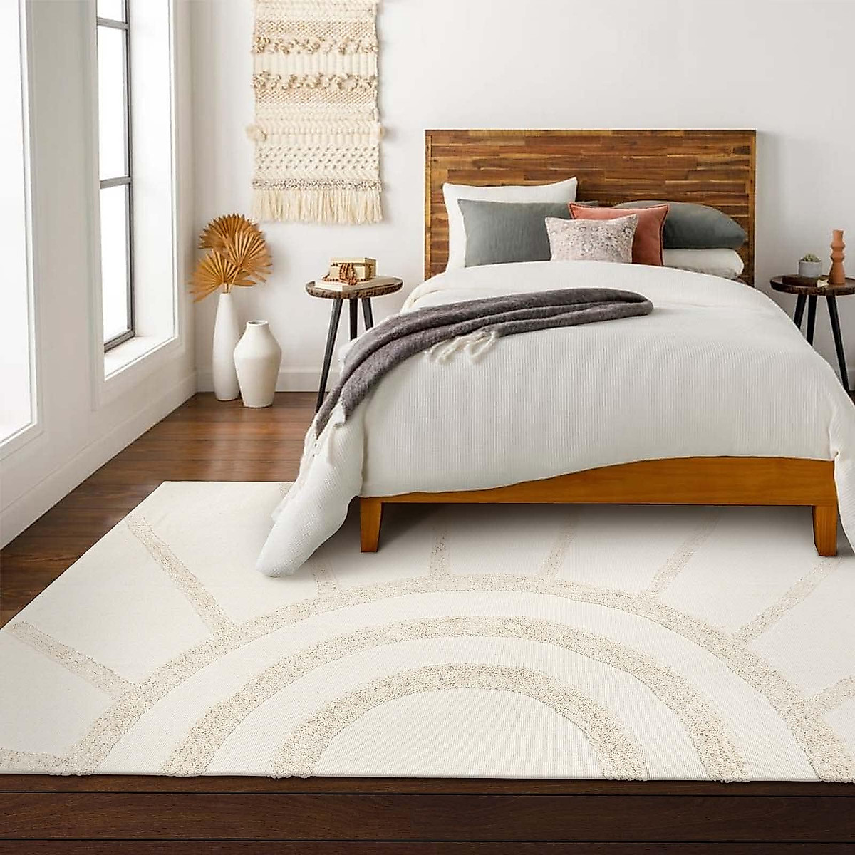 OJIA Boho Living Room Rug 5'x8', Large Washable Rugs Soft Tufted Bedroom Rug Nursery Rug, Cotton Woven Beige Area Rugs Floor Carpet for Dorm/Kids Room/Dining Room/Office