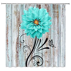 Teal Dahlia Floral Shower Curtain Daisy Flower Butterfly Country Farmhouse Rustic Turquoise Wooden Board Plank Barn Door Bathroom Decor Accessories Polyester Fabric Set with 12 Hooks 70 X 70 in