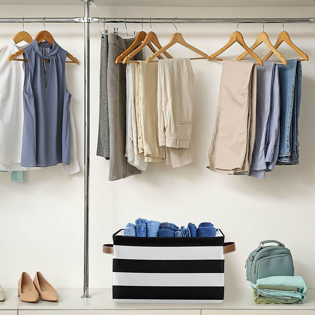 Kigai 2 Pack Foldable Storage Basket Black & White Stripes Foldable Storage Bins for Organizing Shelf Nursery Closet Organizers with Handle Toy Fabric Baskets for Home/Office