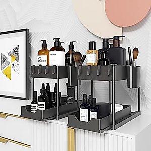 Under Sink Organizers and Storage 2 Pack, 2 Tier Under Cabinet Organizer, Bathroom Counter Organizer, Multi-purpose Kitchen Bathroom Sink Storage with Sliding Storage Drawer, 8 Hooks, 2 Cups