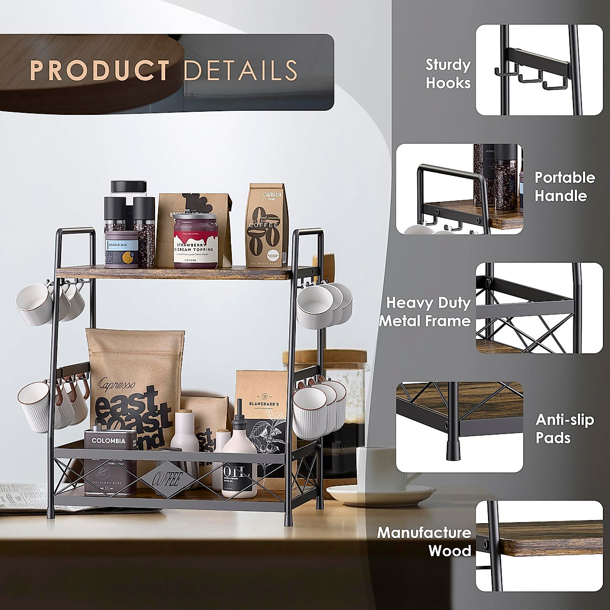 LOTEYIKE 2 Tier Coffee Cup Holder for Countertop, Coffee Mug Organizer with 12 Hook, Coffee Mug Holder, Metal Coffee Mug Shelf for Coffee Bar Kitchen, Black