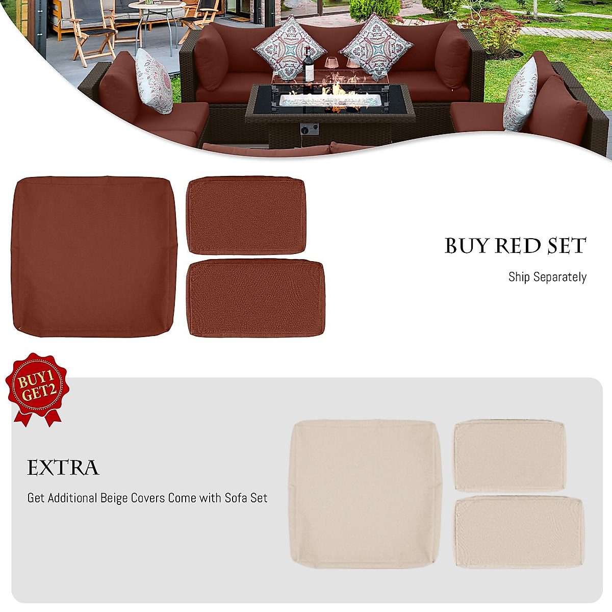 BULEXYARD High Back Brown PE Rattan Outdoor Patio Furniture Set with Propane Fire Pit Table, Large Wicker Outside Sectional Furniture Sofa Conversation Sets for Backyard(Dark Red, 9Pcs-B)