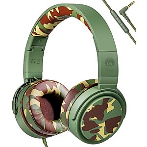 rockpapa Camo Wired Headphones with Microphone, Lightweight Foldable Stereo Bass Headphones with No-Tangle Cord & 3.5mm Jack for Adult/Kid, Laptop Airplane Chromebooks Green Camouflage