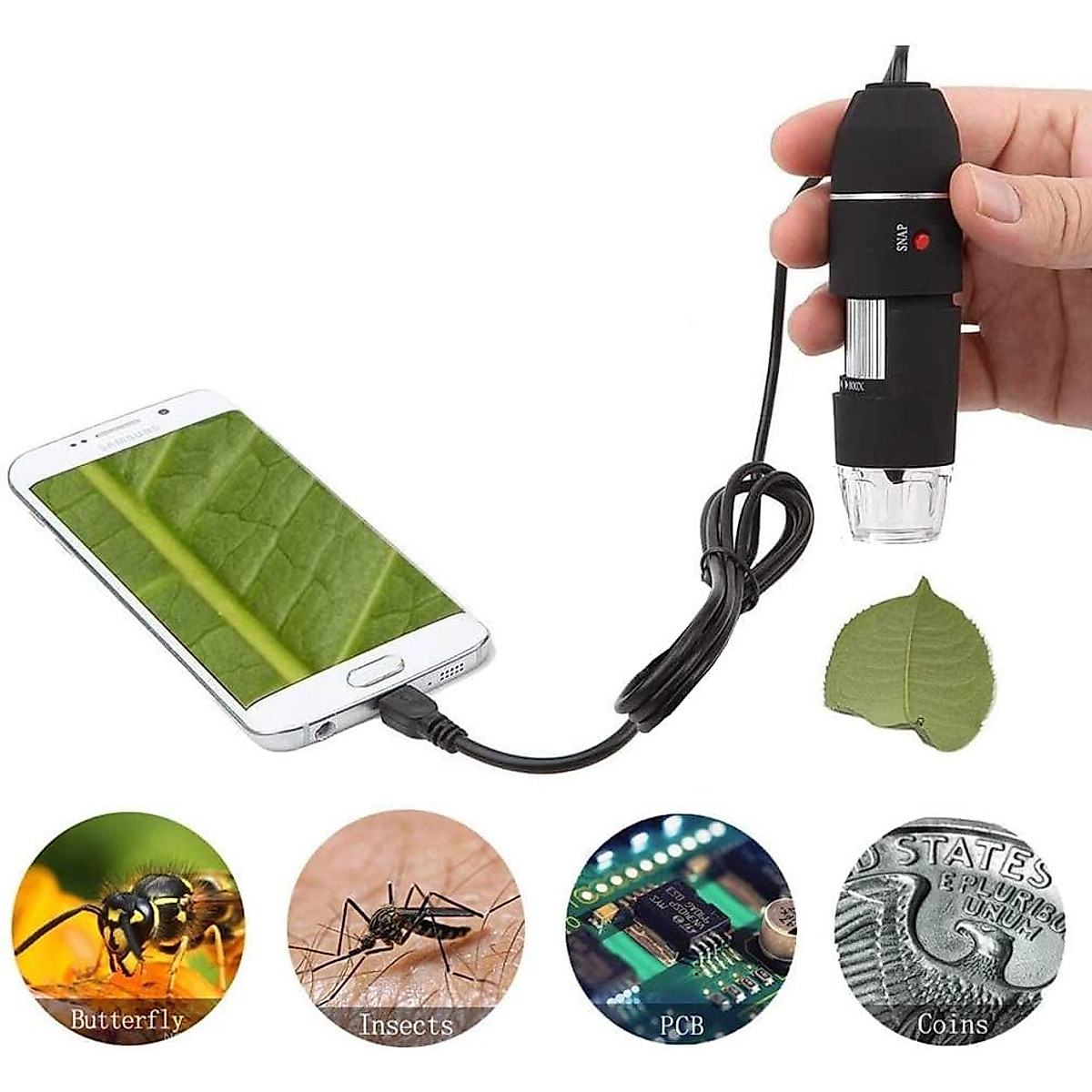 Grewtech USB Digital Microscope 1600x 8 LED Magnification Endoscope Camera with Metal Stand Compatible with Windows, Android and Mac