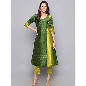 Indian Kurti for Womens With Pant | Art Silk Woven Partywear Kurta Kurtis Dress For Women Tops Tunic Green