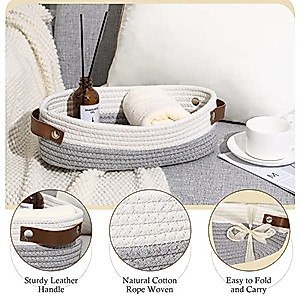 Lewondr Woven Storage Basket with Leather Handles, Small Cotton Rope Basket for Toilet Tank Top, Farmhouse Decor Basket for Bathroom Bedroom Laundry Countertop Storage Paper Towel Toy, White + Gray