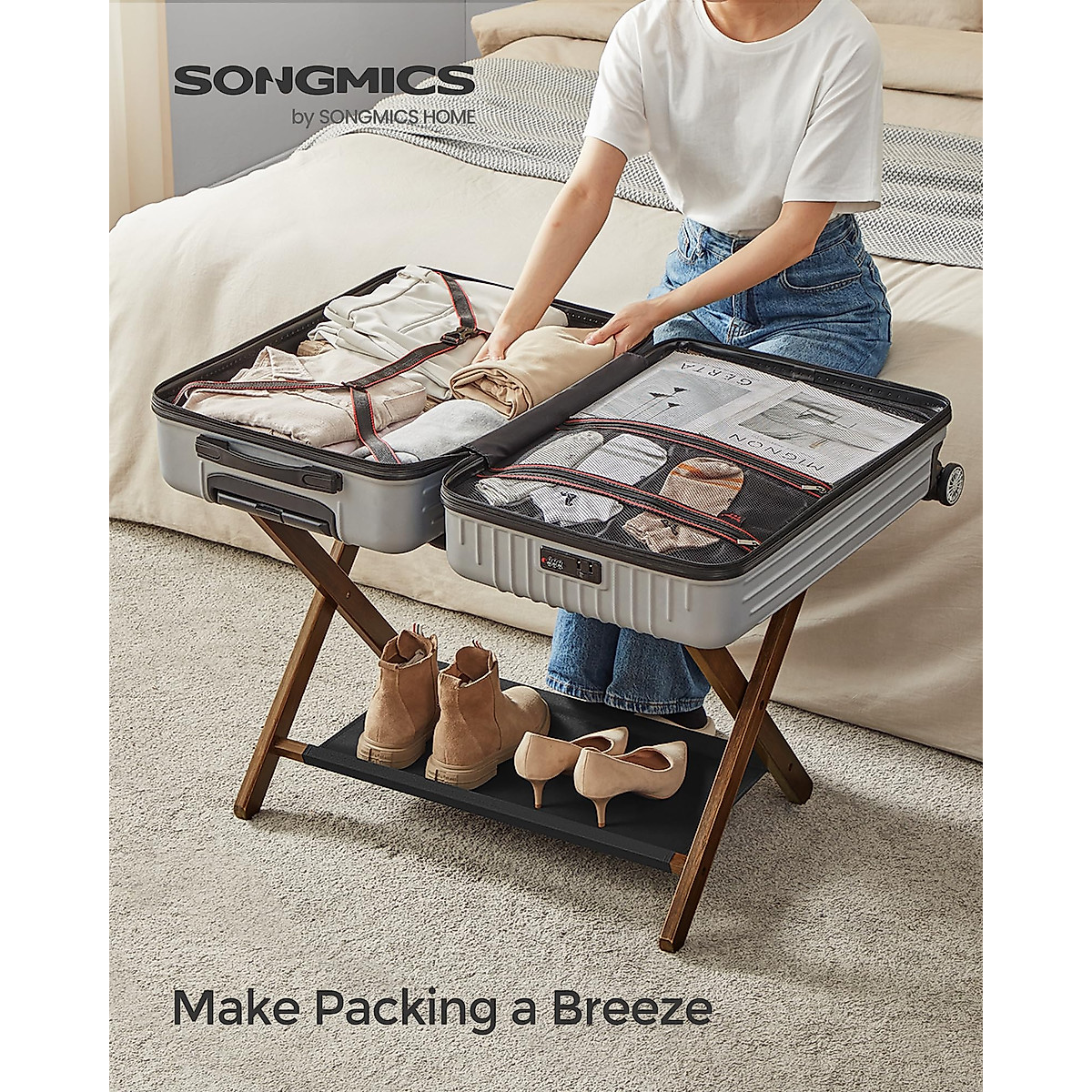 SONGMICS Luggage Rack, Folding Suitcase Stand with Storage Shelf, for Guest Room, Hotel, Bedroom, Heavy-Duty, Holds up to 131 lb, Walnut Brown URLR007D01