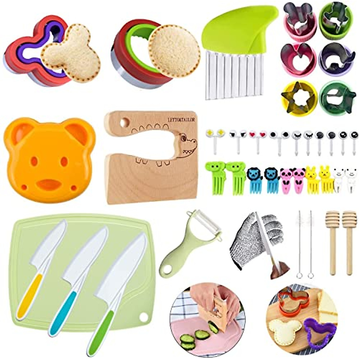 LETTO & TAILOR 41 Pieces Wooden Kids Kitchen Knife Set and Sandwich Cutter for Kids Gloves Cutting Board Fruit Vegetable Crinkle Cutters Sandwich Cutter, Mickey Shapes Mold