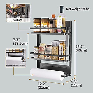 PINNIYOU Magnetic Spice Rack with Paper Towel Holder for Mother's Day Gifts, Magnetic Shelf with 4 Hooks for Refrigerator, 3 Tier Magnetic Fridge Organizer for Kitchen Storage Spices, Pepper, Black
