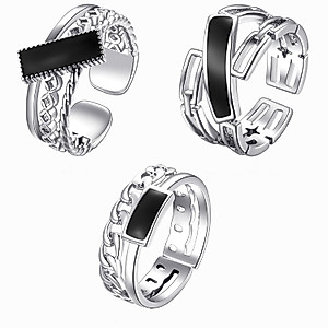Gbinitail 3Pcs Trendy & Punk Adjustable Ring Set for Women and girls - Platinum-Plated, Stackable, Enamel & Hollow Silver Rings, sizes 5.5 to 7.5