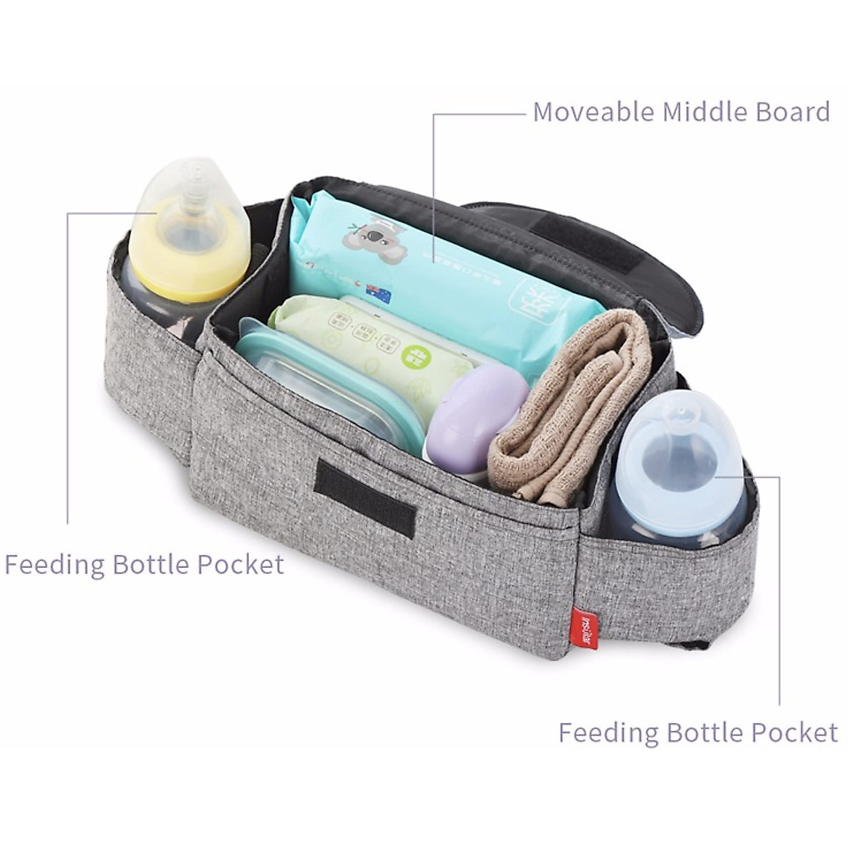 Universal Stroller Caddy, Stroller Organizer Featuring 6 Built-In Pockets, Adjustable Straps To Fit Nearly Any Stroller Active (Gray)