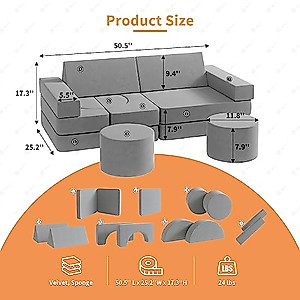 Kids Couch 13PCS, Modular Toddler Couch with 2 Ottomans, Fold Out Kids Couch for Playroom Bedroom, Modular Kids Couch for Boys and Girls, Kids Play Couch for Kids(50.5"L×25.2"W×17.3"H) (Gray, M)