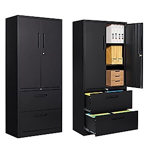 PEUKC 2-Drawer Metal File Cabinet, Lateral Vertical Filing Cabinets for Home Office, Locking File Cabinet with Storage Shelves, Legal/Letter/A4 Size Offcie File Cabinet, (Black, Assemble Required)