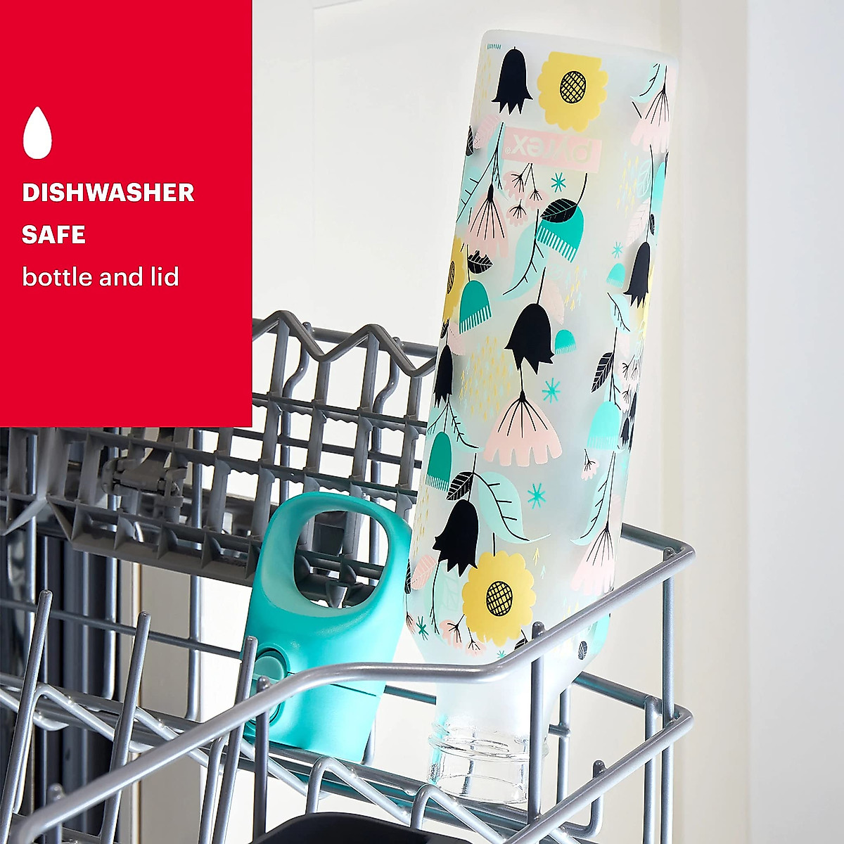 Pyrex 17.5-Oz Color Changing Glass Water Bottle with Silicone Coating, Leakproof and Textured Glass Reusable Water Bottle, Eco-Friendly, BPA-Free Silicone Coating, Floral Bold