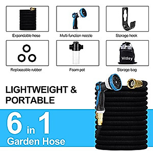 Vitley Expandable Garden Hose 100ft with 10 Function Spray Nozzle, Leakproof Flexible Water Hose Design,with foam pot, Solid Brass Connectors，Retractable Hose Expands 3 Times, Easy Storage and Usage.
