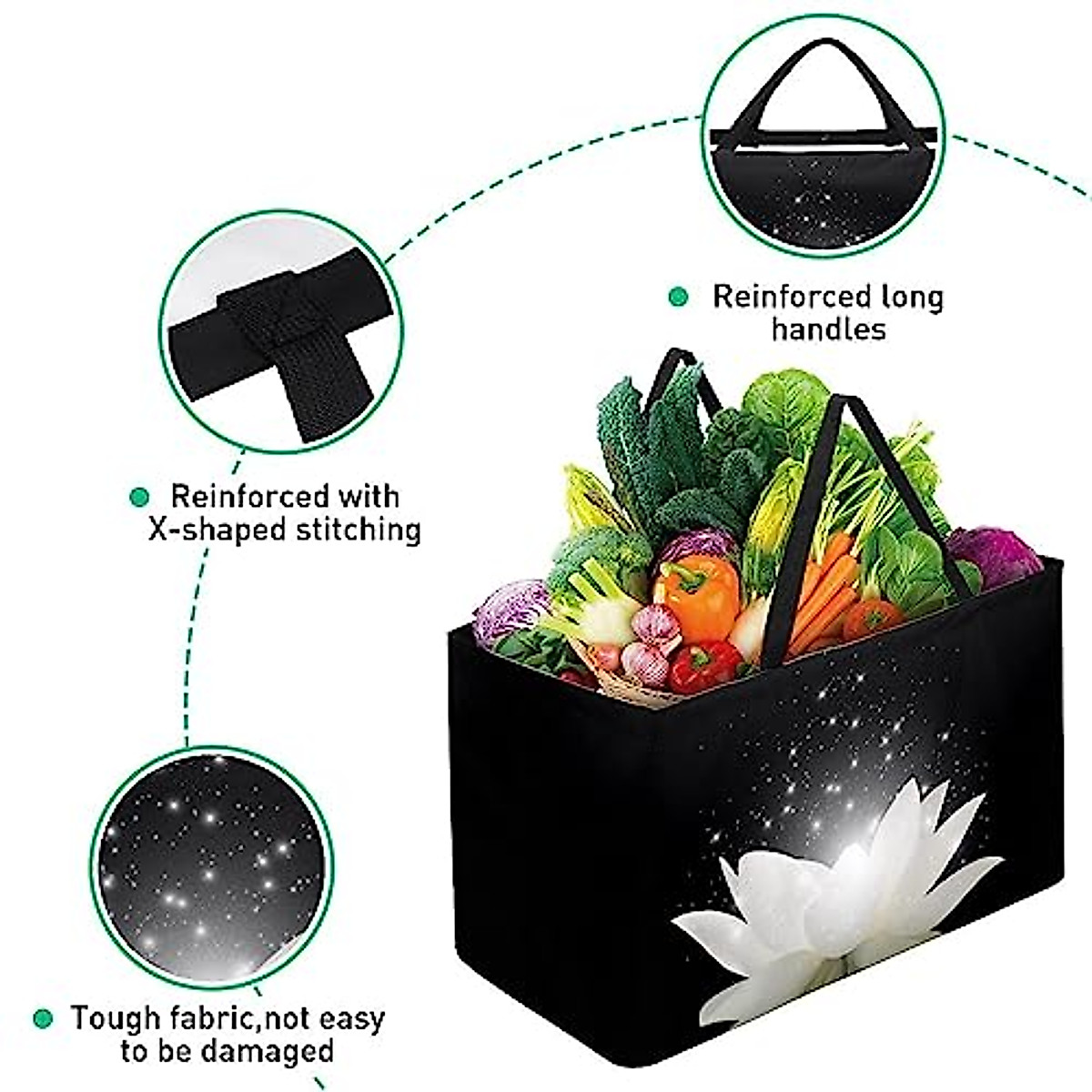 KQNZT Reusable Grocery Bags, Heavy Duty Reusable Shopping Bags, Large Tote Bags with Long Handles and Reinforced Bottom, White Lotus Art