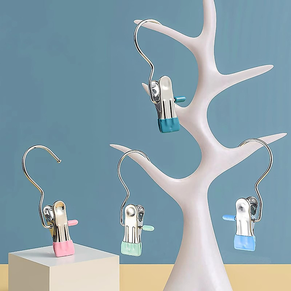 Clothes Pins Clips with Hook, 10 Pcs 2.2 Inch Stainless Steel High Elasticity Good Persistence for Clothes, Wardrobe Hooks, Socks, Hat, Tie (10)