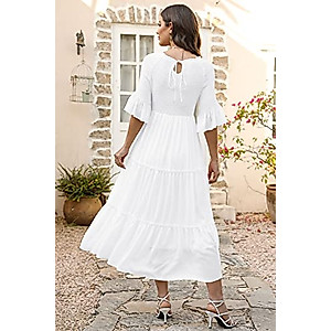 LILLUSORY Womens Summer Dresses Graduation Bridal Shower Flowy Smocked Ruffle Boho Modest 2023 Long Sundresses Trendy Casual Sun Dress with Sleeves White