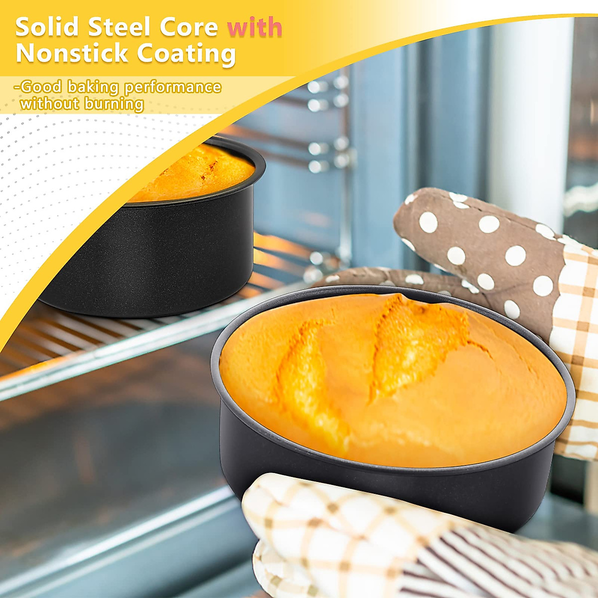 E-far 3-Piece Cake Pan(4/6/8 Inch), Nonstick Stainless Steel Round Baking Cake Pans, Metal Cake Mold Tins for Birthday/Wedding, Stainless Steel Core & Non-toxic Coating, Straight Side & 2 Inch Deep