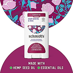 Schmidt's Aluminum Free Natural Deodorant for Women and Men, Hemp Seed Oil & Rose for Sensitive Skin with 24 Hour Odor Protection, Vegan, Cruelty Free 3.25 oz(Packaging may vary)