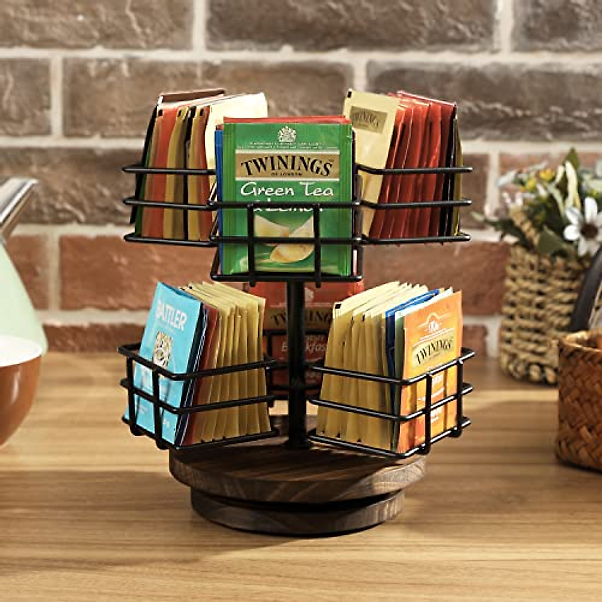 MyGift Black Metal Wire Tea Organizer Spinning Carousel Teabag Holder Basket with Dark Brown Wood Base, 6-Compartment Tea and Coffee Station Condiment Rack