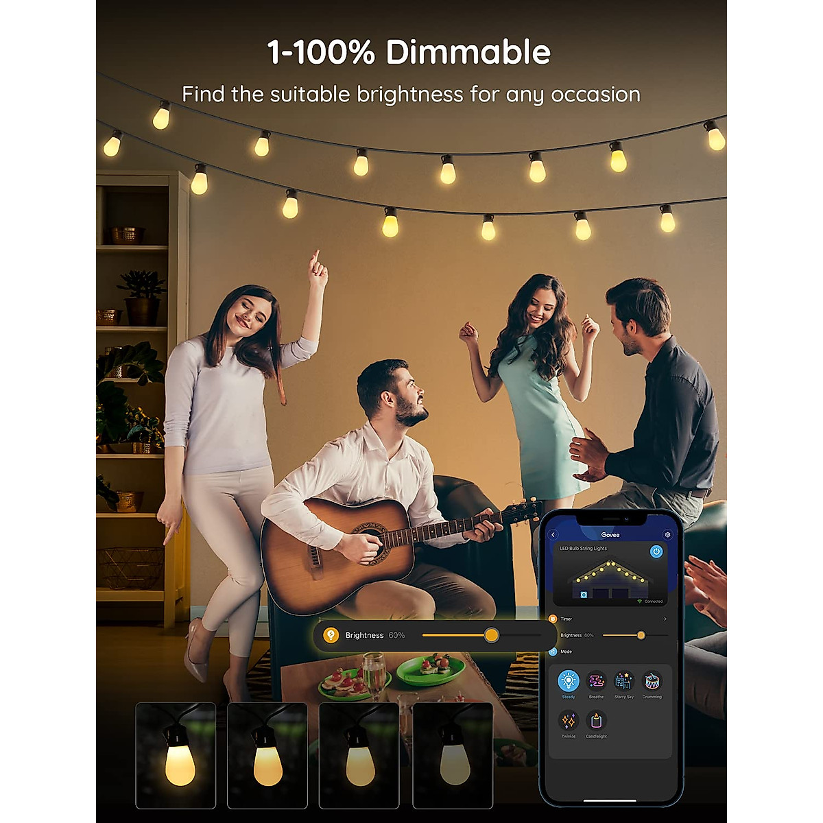 Govee Outdoor String Lights, 48ft WiFi Alexa String Lights with App Control, IP65 Waterproof Outdoor Lights with 15 Dimmable Warm White LED Bulbs for Balcony, Backyard, Party