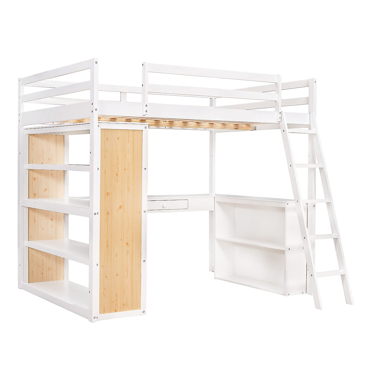 Bellemave Full Loft Bed with Desk and 6 Storage Shelves, Wood Loft Beds Frame with Bookcase and Writing Board, Modern High Loft Bed for Kids Boys Girls Teens, Full Size, White, White With Shelves