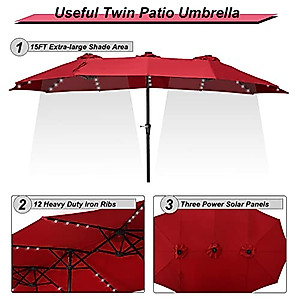 15 Ft Solar LED Patio Double-Sided Umbrella Table Umbrella with Crank Handle & 48 LED Lights