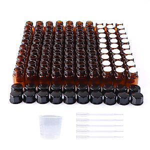 HWASHIN 100 Pack 2ml (5/8 Dram) Amber Mini Glass Essential Oils Sample Bottles with Black Caps for Essential Oils, Perfumes & Lab Chemicals (30ml Measuring Cup and 5 Droppers Included)