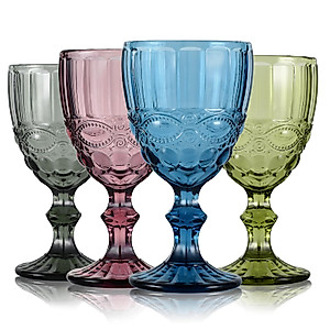Wongblee Vintage Glass Goblets 10.8 Oz, Embossed Stemmed Glasses, Assorted Colored Drinking Glasses for Wine, Water, Juice, Beverage, Set of 4