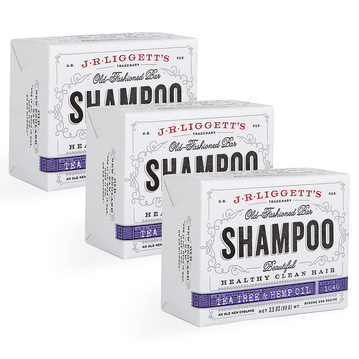 J·R·LIGGETT'S All-Natural Shampoo Bars - Tea Tree & Hemp Oil Formula, Strong and Healthy Hair, Nourish Follicles with Antioxidants & Vitamins, Detergent and Sulfate-Free, Set of Three, 3.5 Ounce Bars
