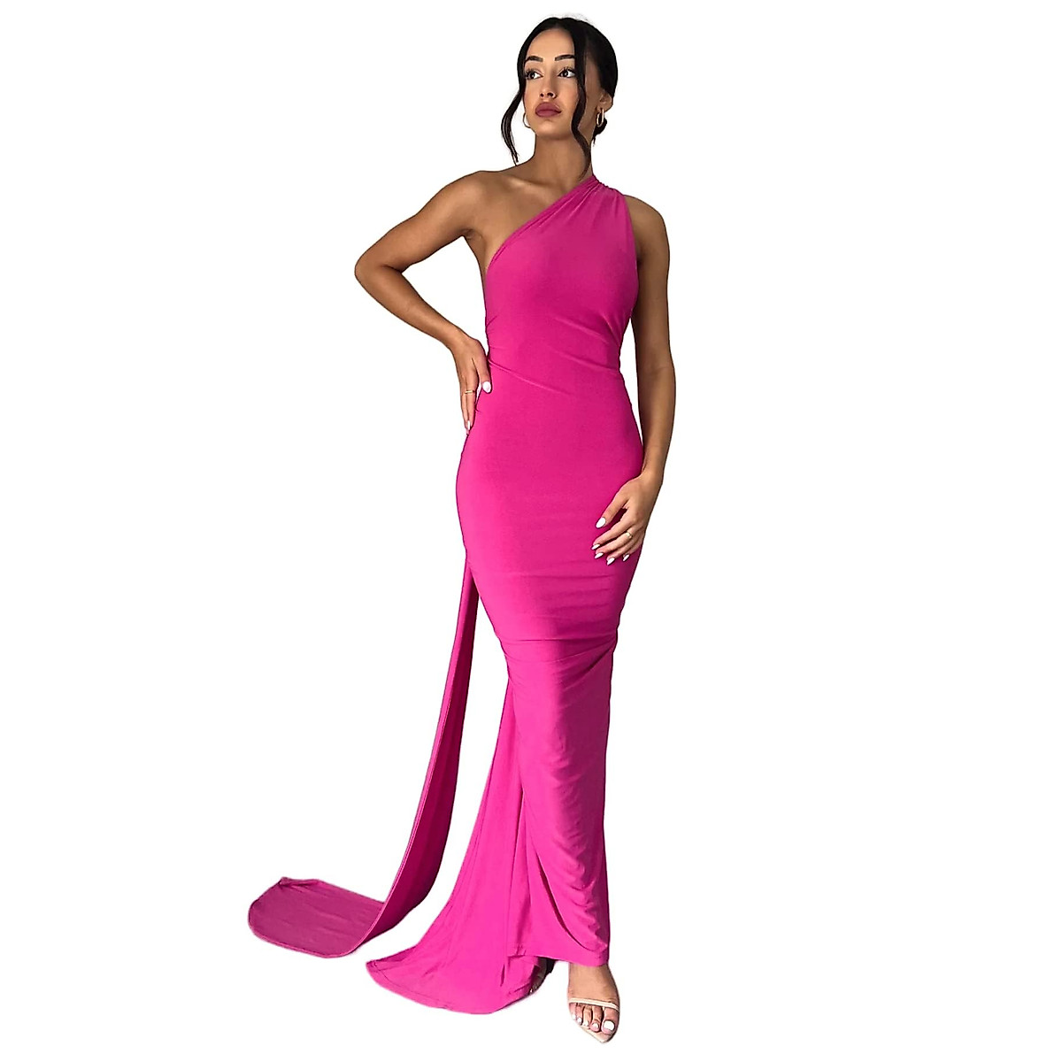 Women's Sexy One Shoulder Backless Maxi Dress Elegant Ruched O Ring Sleeveless Evening Dress Long Gown Cocktail Dress Hot Pink