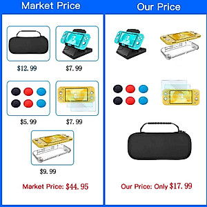 Accessories Kit for Nintendo Switch Lite - YOOWA Accessories Bundle with Carrying Case Protective Cover case and 2-Pack Tempered Glass Screen Protector, Adjustable Play Stand, 6 Thumb Grips