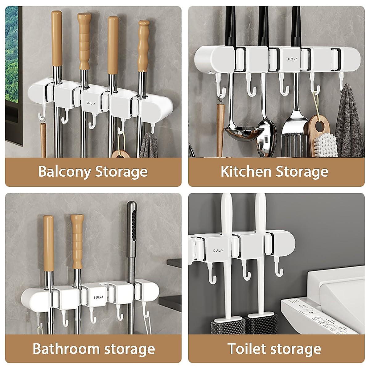 ZLHETWT Broom Holder, Mop Holder, Mop and Broom Organizer, 4Pcs Broom Holder Punch Free Mop Hanger Wall Mounted Mop Holder with 5 Hooks Effective Broom Gripper for Home