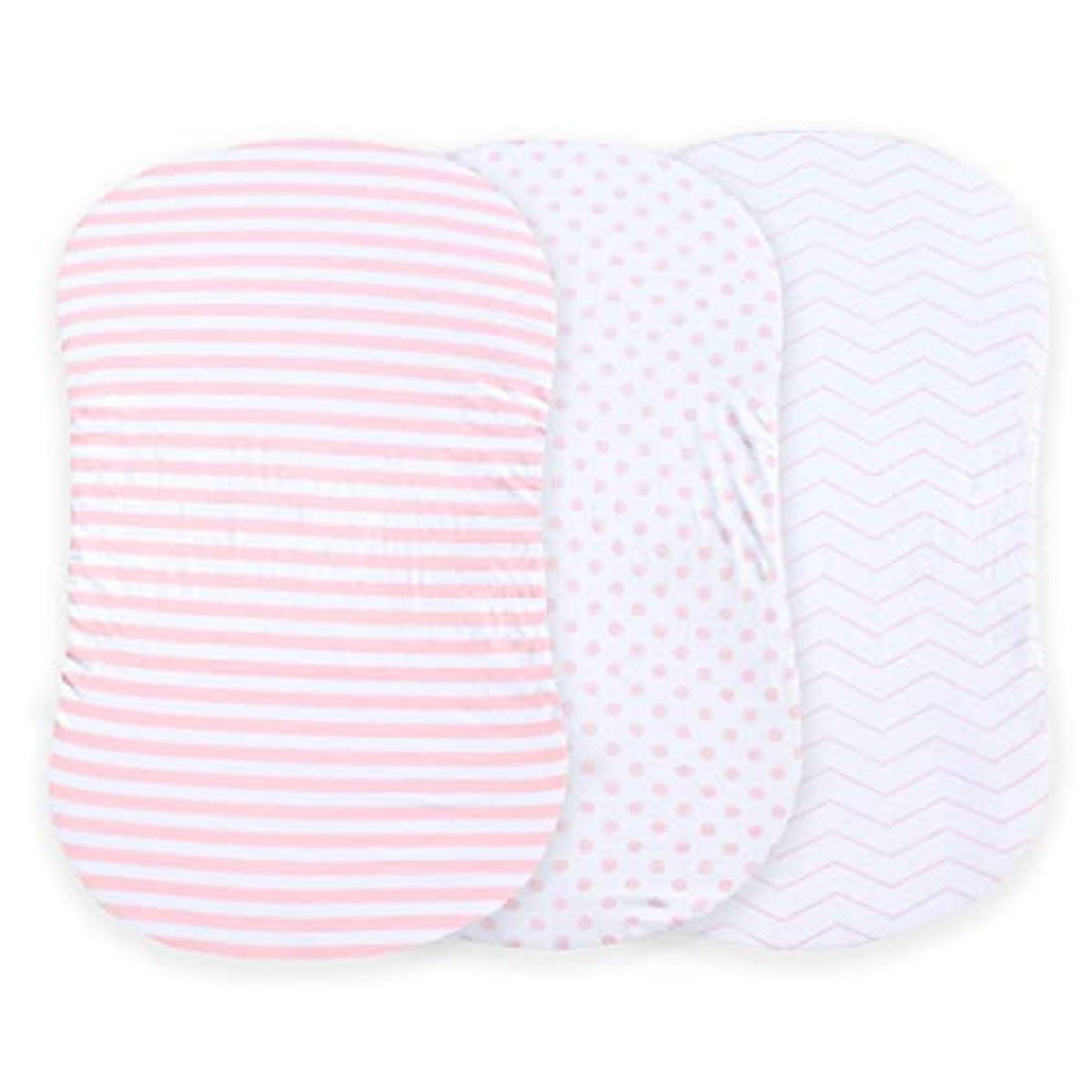 NODNAL CO. 3 Fitted Bassinet Sheets Pink Set for Baby Girl - 100% OEKO-TEX Cotton - Chevron, Polka Dot and Stripe - for Cradle/Moses Basket Hourglass, Oval & Rectangle Mattress Sheet