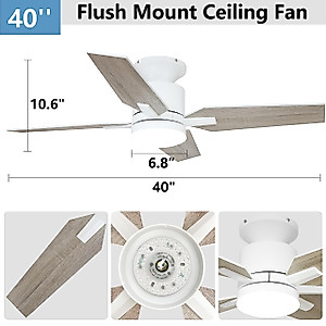 Ohniyou Ceiling Fan with Lights Flush Mount,40'' Small Ceiling Fans with Lights and Remote Control,Indoor Outdoor Quiet DC White Low Profile Ceiling Fan for Patio Kitchen Dining Room Bedroom