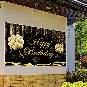 6 x 3.6ft Happy Birthday Party Backdrop Banner, Large Fabric Washable Glitter Sign Poster Background for 30th 40th 50th 60th 70th 80th Birthday Party Supplies Decorations (Black Gold)