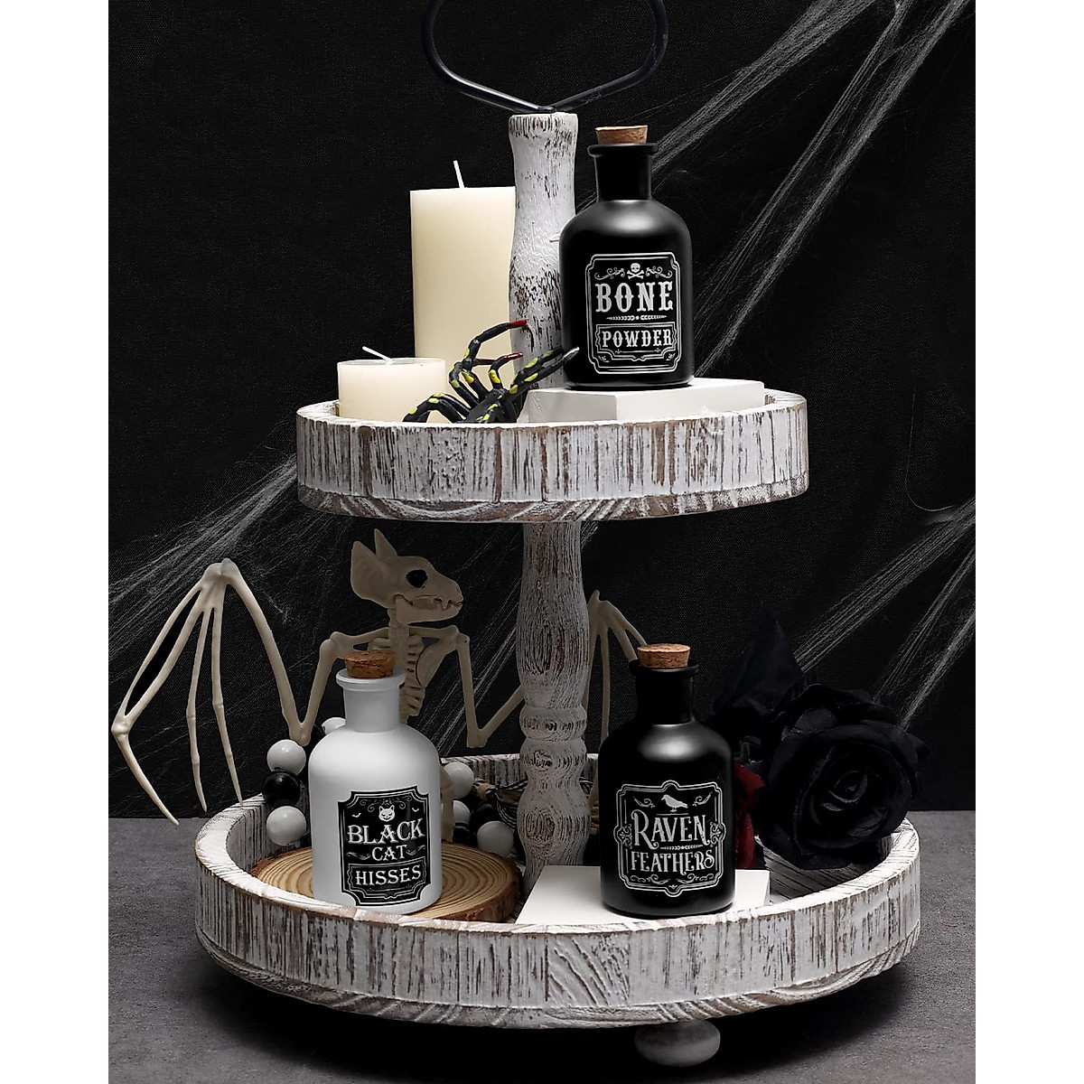 Halloween Centerpieces Potion Bottles with Cork Stopper Black and White Halloween Party Hocus Pocus Glass Tiered Tray Jar Decorations Spooky Mini Vases decor for Indoor Table Living Room Set of 3
