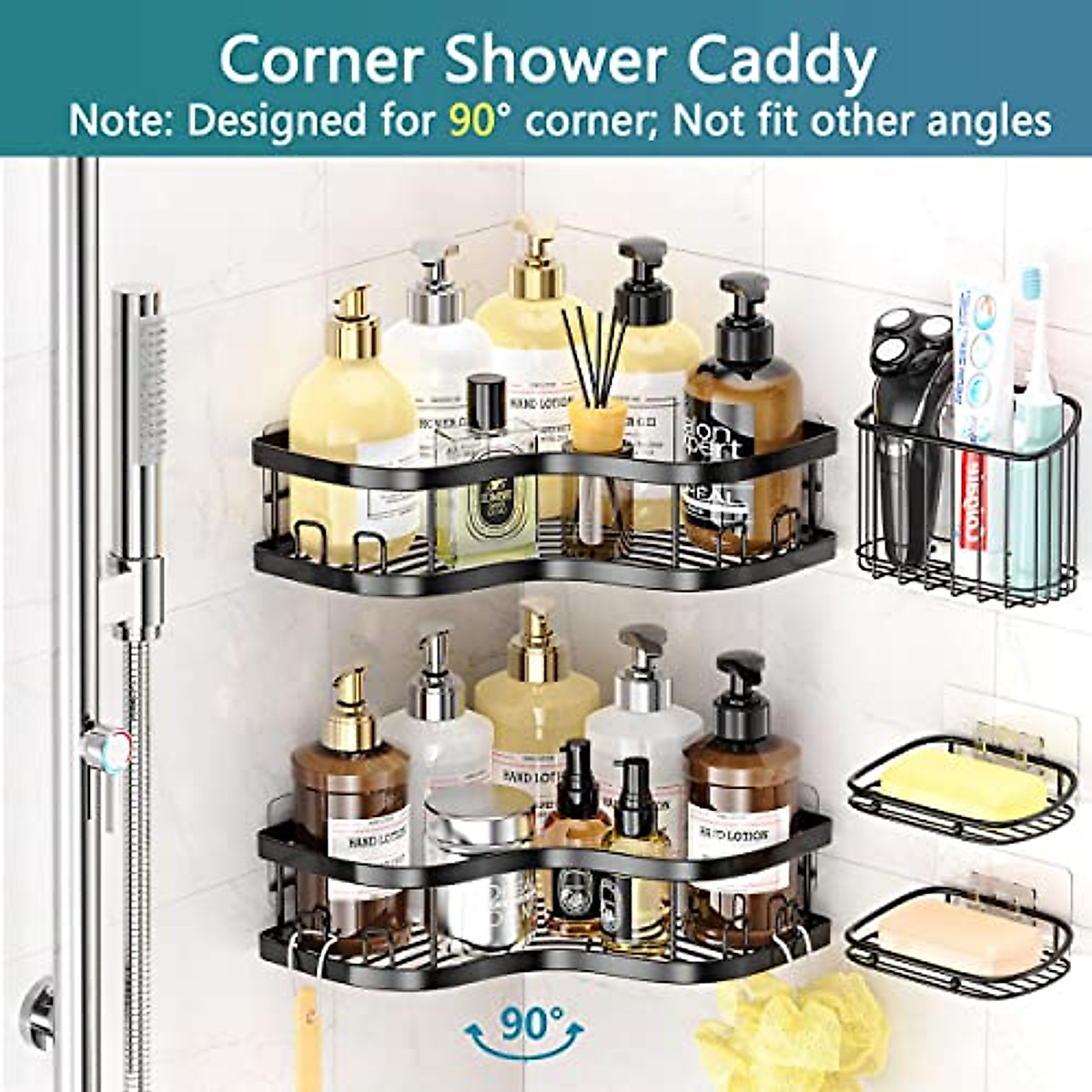 MXMAMK Corner Shower Caddy, 5-Pack Shower Organizer Corner Shower Shelf For Inside [Never Drop] Rustproof Adhesive Shower Caddy Corner Bathroom Shelves (Black)