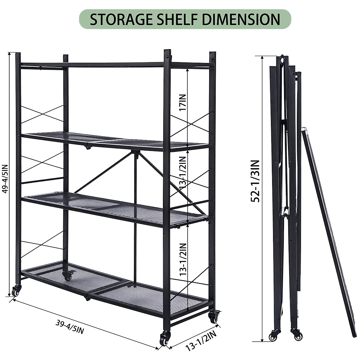 Foldable Shelves 4 Tier Heavy Duty Metal Storage Shelves with Wheels - No Assembly Collapsible Shelving Unit for Kitchen Garage Hold up to 1000 lbs
