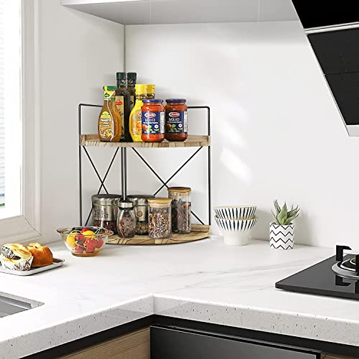 Corner Bathroom Organizer Countertop, 2 Tier Bathroom Trays Vanity Organizer for Counter, Rustic Corner Shelf for Home Small Space, Wood Cosmetic Holder Makeup Standing Rack, Kitchen Spice Rack