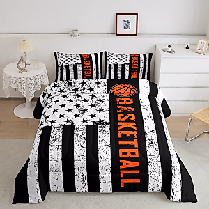 Basketball Queen Size Comforter Set American Flag Bedding Comforters Black White Stripe Down Alternative for Kids Teen Youth Boys Girls Room Decor Sports Duvet Quilted with 2 Pillowcases